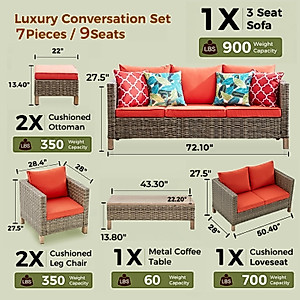 Summax 7 Pieces Sectional Sofa with Metal Top Coffee Table, Hand Woven Wicker Rattan Conversation Set, Outdoor Furniture for Poolside, Garden, Porch PE Rattan Sofa Set (Orange Red)