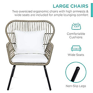 Best Choice Products 3-Piece Patio Conversation Bistro Set, Outdoor All-Weather Wicker Furniture for Porch, Backyard w/ 2 Wide Ergonomic Chairs, Cushions, Glass Top Side Table - Tan