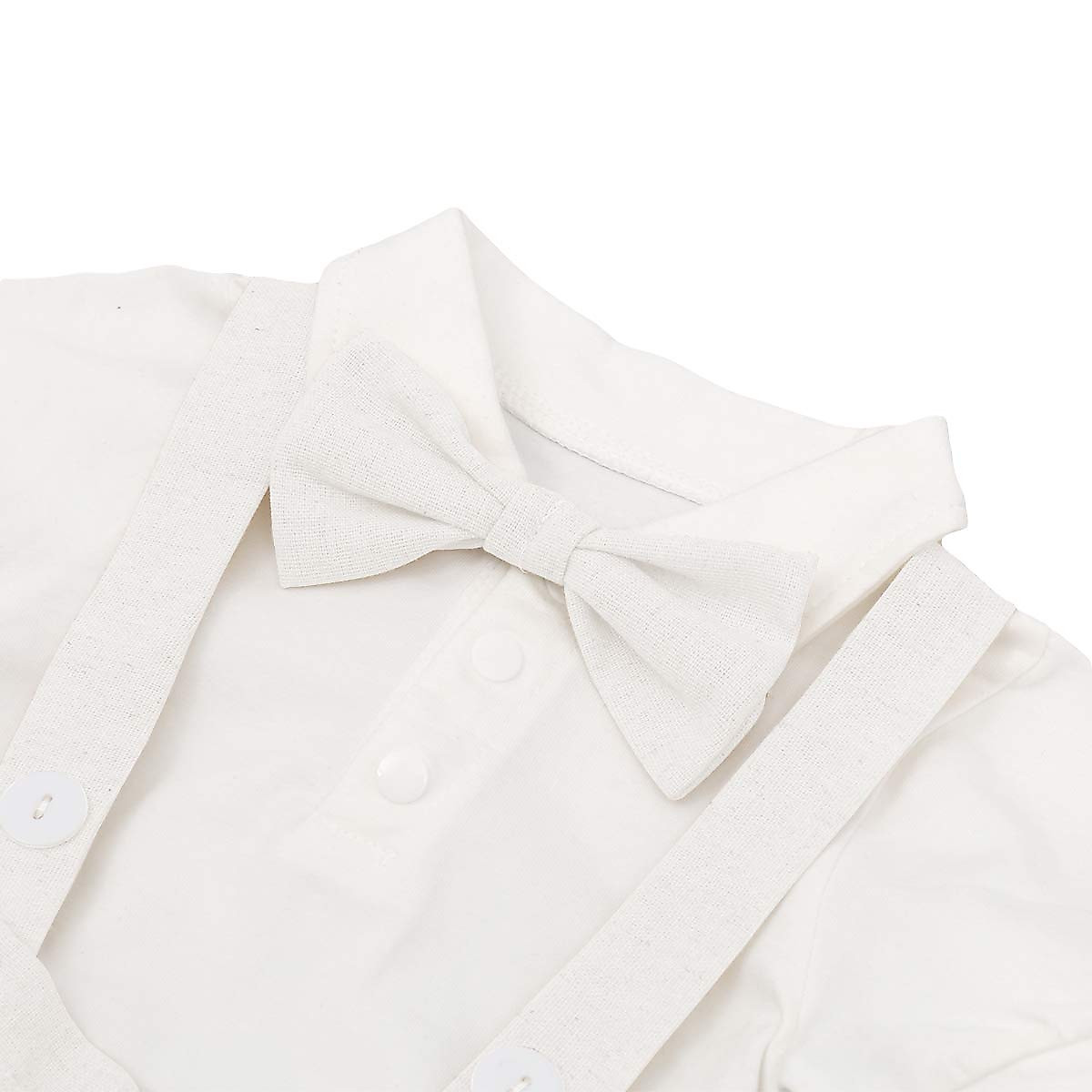 Baby Boys Formal Suit Gentleman Bowtie + Summer Short Sleeve Romper + Suspenders Shorts Button Bib Pants Wedding Tuxedo Outfits 1st/2nd Birthday Cake Smash Christening Clothes 3pcs Set White 0-6M