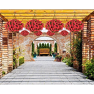 Ammyoo Artificial Hanging Flowers in Basket, Artificial Petunias Flower Arrangement,12 inch Coconut Lining Basket with Morning Glories Fake Plants for Patio Garden Porch Deck Decoration(Red)