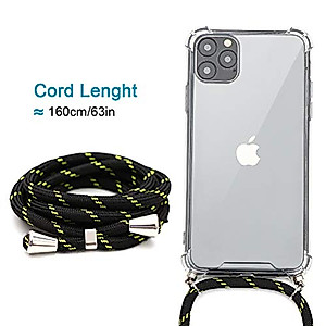 KAPUCTW Necklace Transparent Airbag Case for iPhone 12 Pro/iPhone 12 6.1"- Fashion Clear Cell Crossbody Phone Mobile Cover Holder with Cord Strap Neck Lanyard Protective Shock Bumper, Black Yellow