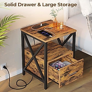 Rolanstar End Table with Wireless Charging Station, Nightstand with Power Outlet & USB Ports, Farmhouse Side Table with Drawer Storage Shelf for Living Room, Bedroom, Rustic Brown
