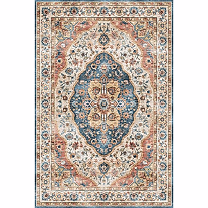 vivorug Washable Rug, Ultra Soft Area Rug 5x7, Non Slip Boho Rug Foldable, Stain Resistant Rugs for Living Room, Persian Tribal Medallion (Yellowish/Navy, 5'x7')