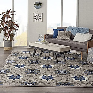 Nourison Aloha Indoor/Outdoor Grey/Blue 7'10" x 10'6" Area Rug, Easy Cleaning, Non Shedding, Bed Room, Living Room, Dining Room, Deck, Backyard, Patio (8x11)