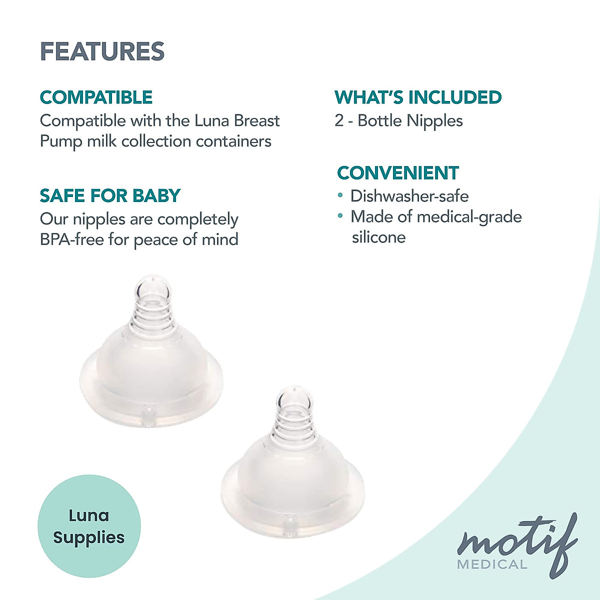 Motif Medical Slow-Flow Baby Bottle Nipples for Luna