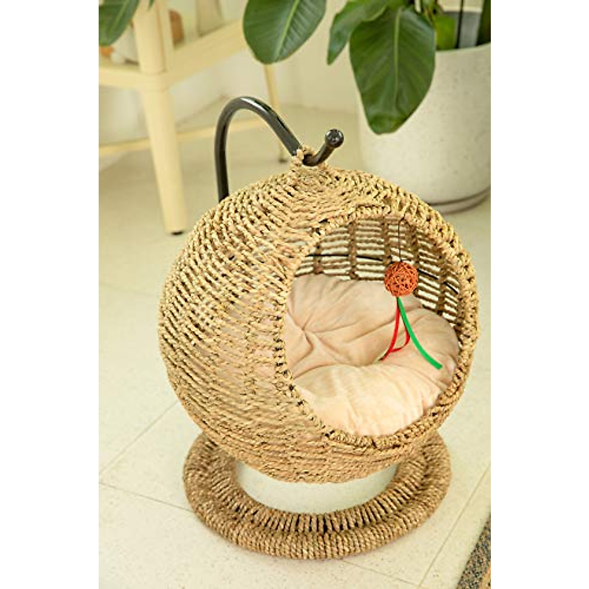 YoSpot Hand Made Wicker Cat Bed Basket Swinging Pet House Nest for Small Dog Cat with Cushion