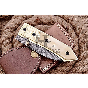 HUNTEX Custom Handmade Hand-Forged Twist Pattern Damascus Steel 4 Inch Long Natural Camel Bone Handle Razor Sharp Camp Hunting Folding Pocket Sheepsfoot Knife with Pocket Clip & Genuine Leather Pouch