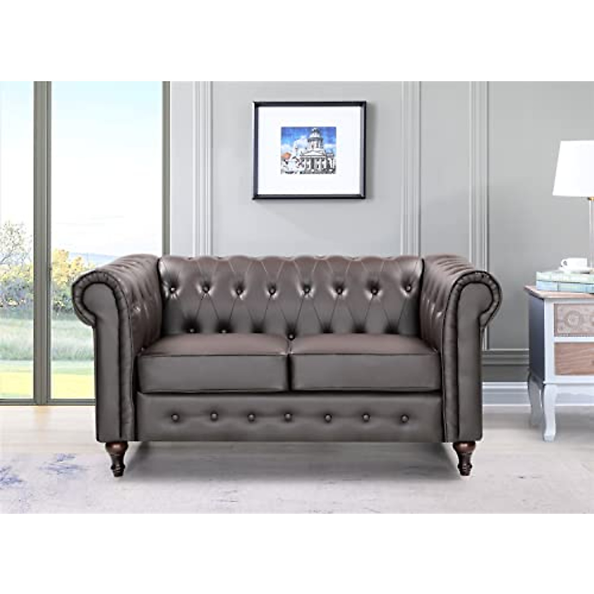 Container Furniture Direct Teressa Faux Leather Chesterfield Loveseat Sofa for Living Room, Apartment or Office, Two-Seater Mid Century Modern Couch for Small Spaces, 61" W, Brown