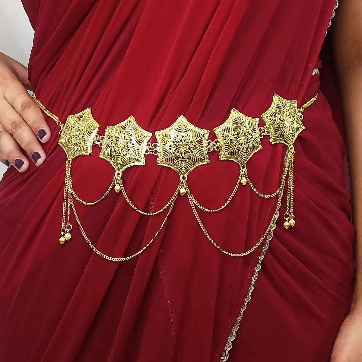 Efulgenz Gold Tone Indian Jewelry for Women Dubai Style Kamarbandh Indian Big Floral Pendant Multilayer Chain with Ball Kamarbandh Belly Chain Waist Belt Jewelry for Wedding