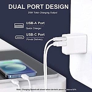 [Apple MFi Certified] iPhone Fast Charger,20W Dual Port PD3.0 USB-C + USB-A Power Delivery Wall Charger Block Plug for iPhone 13/13 Pro Max/12/11/XS/XR/X/8,iPad(2 Pack 10FT Lightning Cables lnclude)