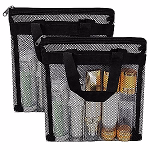 Ayieyill Shower Caddy Portable, Mesh Shower Caddy Tote Bag Quick Dry Hanging Toiletry and Bath Organizer for College Dorm, Gym, Beach, Travel or Camping with Zipper (2Pcs Black)