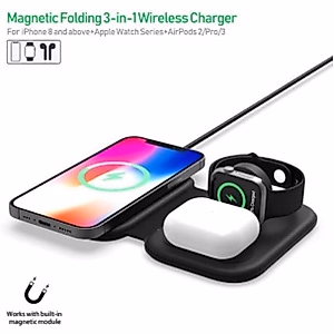 3 in 1 Charging Station for Apple Multiple Devices, Foldable Wireless Charger for iPhone 14/13/12/11/Pro/Max/XS/Max/XR/XS/X, Apple Watch 8/7/6/SE/5/4/3/2, Airpods Pro/3/2/1
