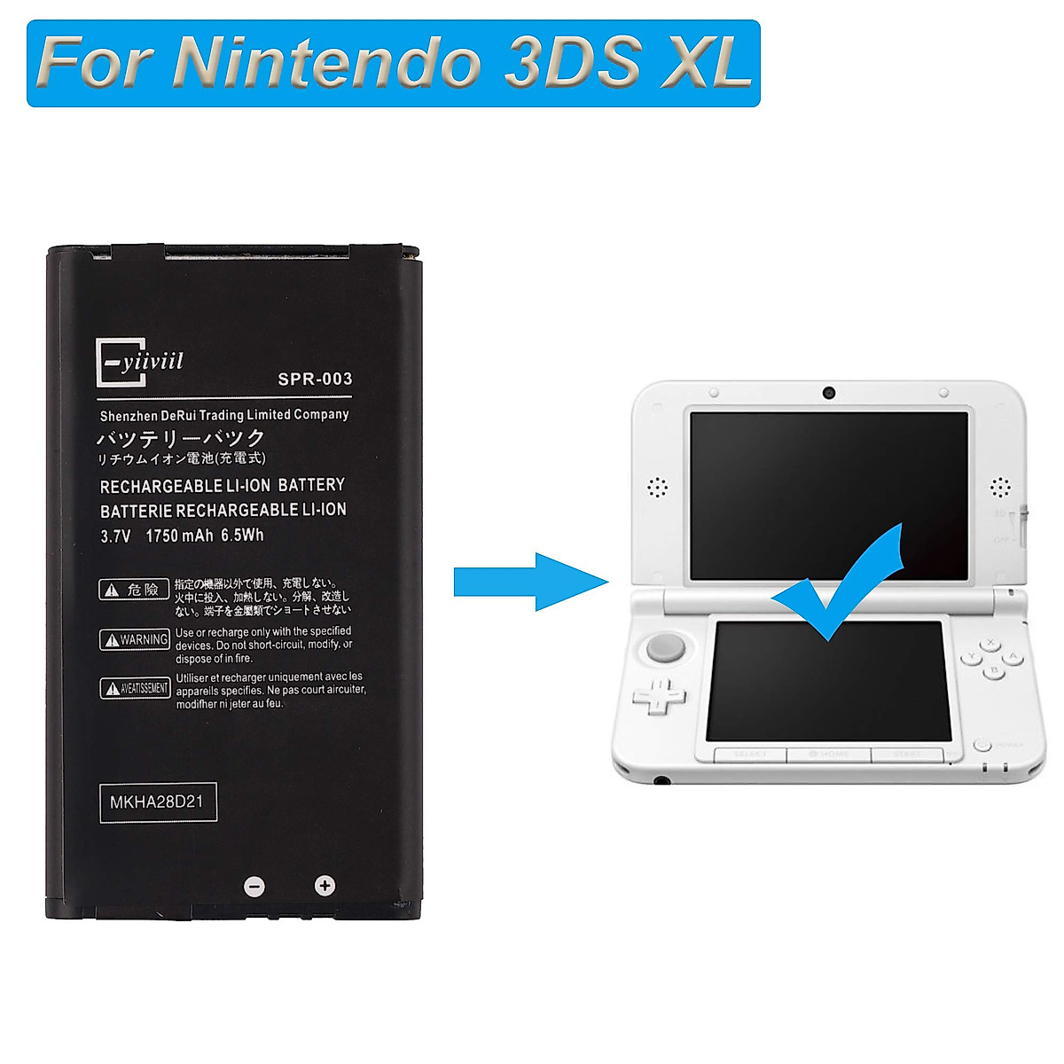 E-YIIVIIL Replacement Battery SPR-003 Compatible with Nintendo 3DS XL and New 3DS XL Game Console 0 Cycle Internal New Upgrade Replacement Battery1750mAh