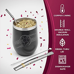 BALIBETOV Modern Mate Cup And Bombilla Set (World Cup Qatar 2022 special edition) - Includes Double Walled 18/8 Stainless Steel Mate Cup, Two Bombilla(Straw) and a Cleaning Brush (8 oz, Black)