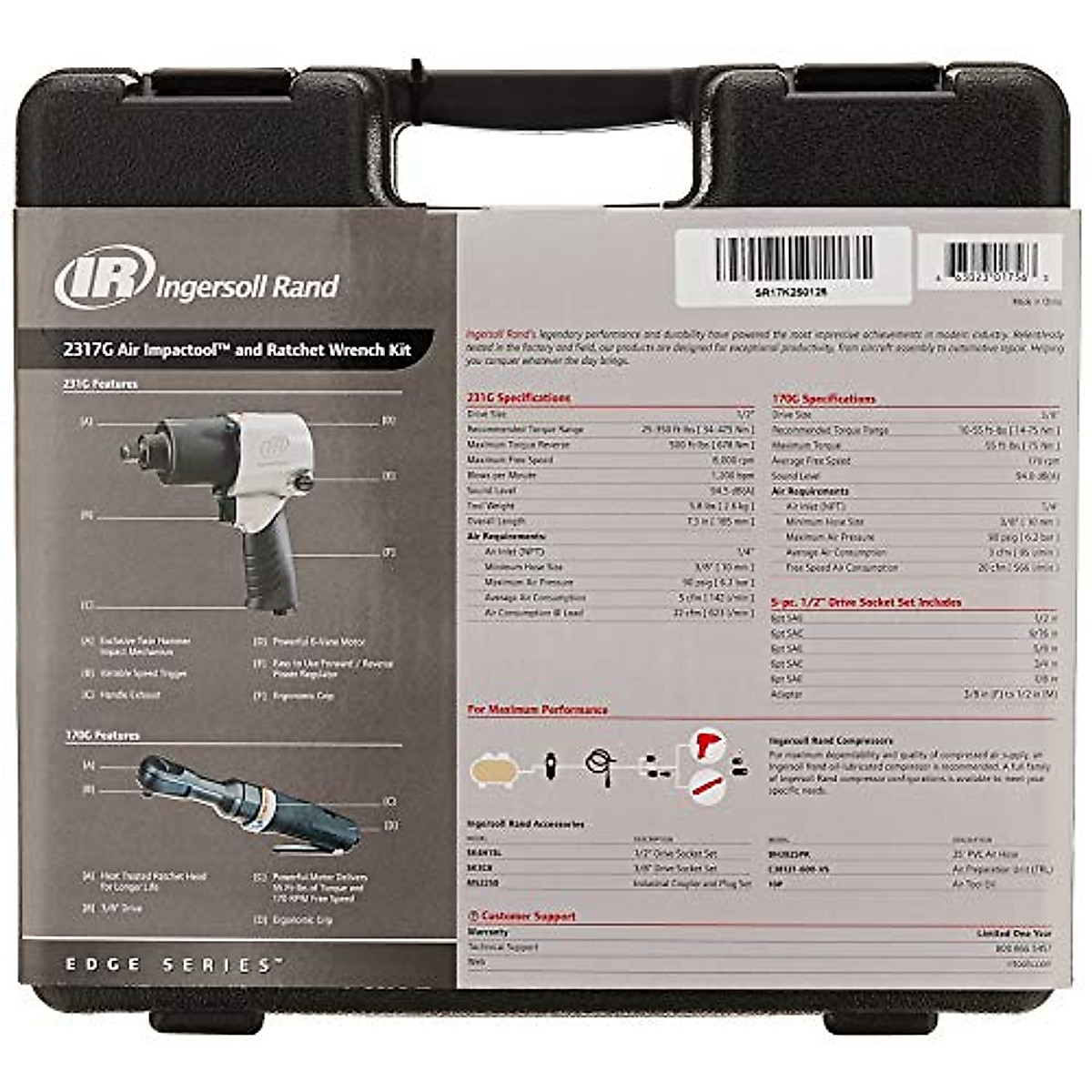Ingersoll Rand 2317G Edge Series Kit with 231G Air Impact & 170G Air Ratchet Wrench, 5 Piece Socket Set and Storage Carry Case, Ergonomic Grips, Black