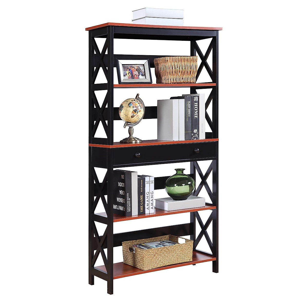 Convenience Concepts Oxford 5 Tier Bookcase with Drawer, Cherry / Black