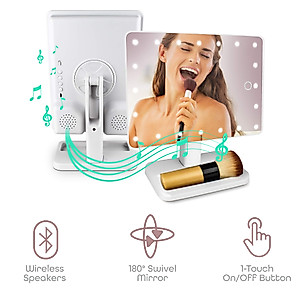 Aduro Vanity Mirror Makeup Mirror With Lights And Wireless Speaker, U-Reflect Beauty LED Wireless Swivel Smart Home Audio Mirror With Tray (White)