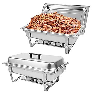 Restlrious 8 QT Chafing Dish Buffet Set 2 Packs Stainless Steel Foldable Rectangular Chafer Full Size w/Water Pan, Food Pan, Fuel Holder and Lid