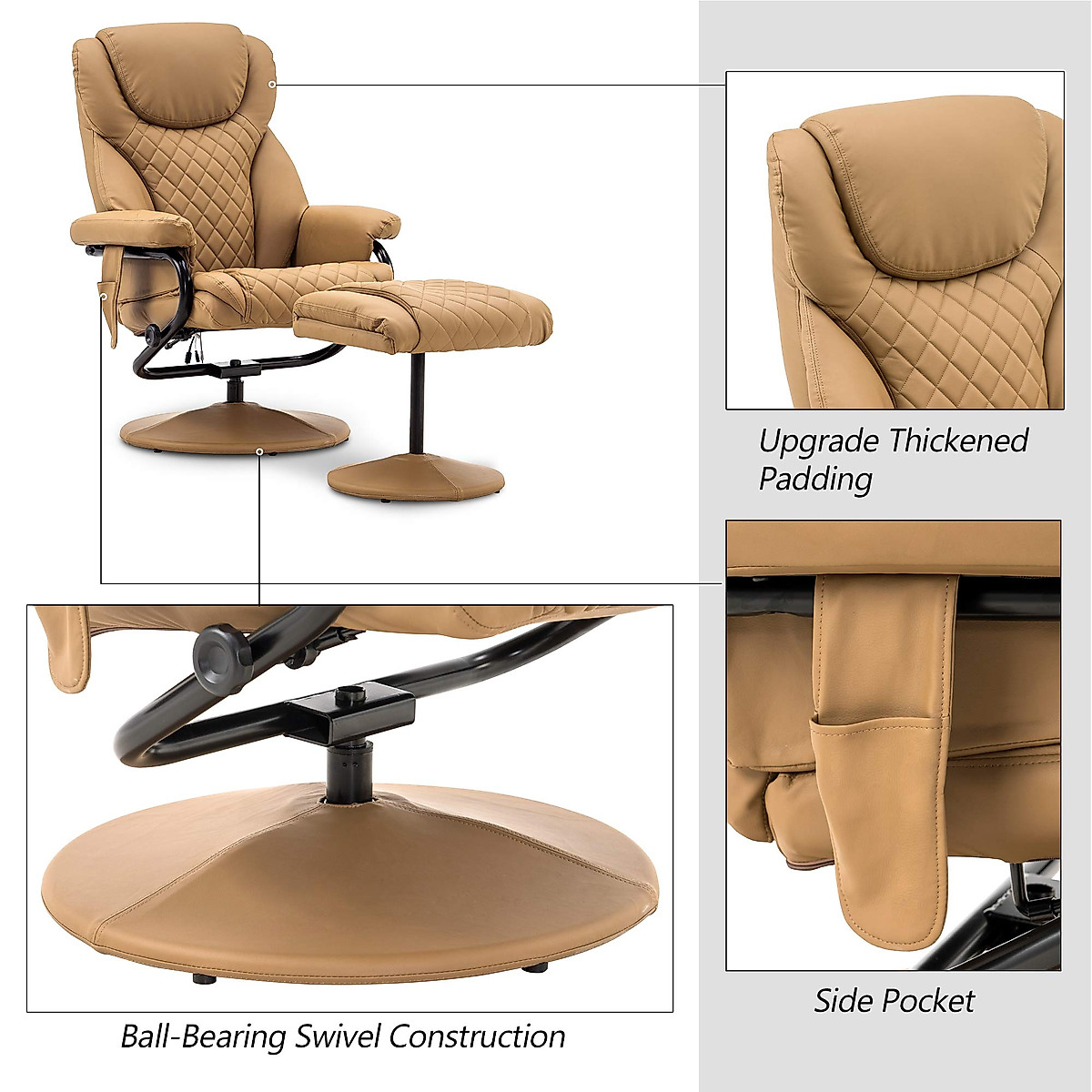 MCombo Recliner with Ottoman, Reclining Chair with Massage, 360 Swivel Living Room Chair Faux Leather, 4901 (Cognac)