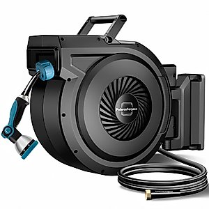 PolarcoForgeco Retractable Garden Hose Reel - 5/8 inch x 90 ft Wall Mounted Hose Reel with 10 Pattern Nozzle & Any Length Lock, Heavy Duty Water Hose Supports Automatic Rewind & 180° Swivel, Black