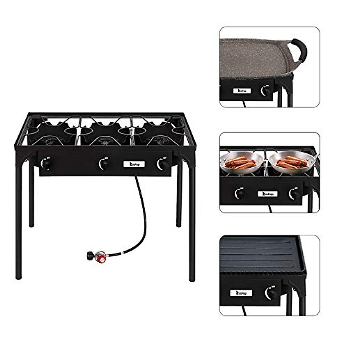 Propane Burner Stove, Propane Gas Cooker, Outdoor Camp Stove High Pressure Propane Burner Adjustable PSI Regulator and 4ft Leather Braided Hose (Three Burner 225000-BTU)