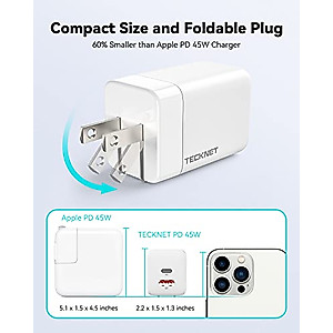 45W USB C Charger, TECKNET PD 3.0 Super Fast Wall Charger with Dual Ports, GaN Tech Portable Power Adapter Compatible for iPhone 14/13/Mini Pro Max, MacBook Pro 13″, iPad Pro, Galaxy S22/21