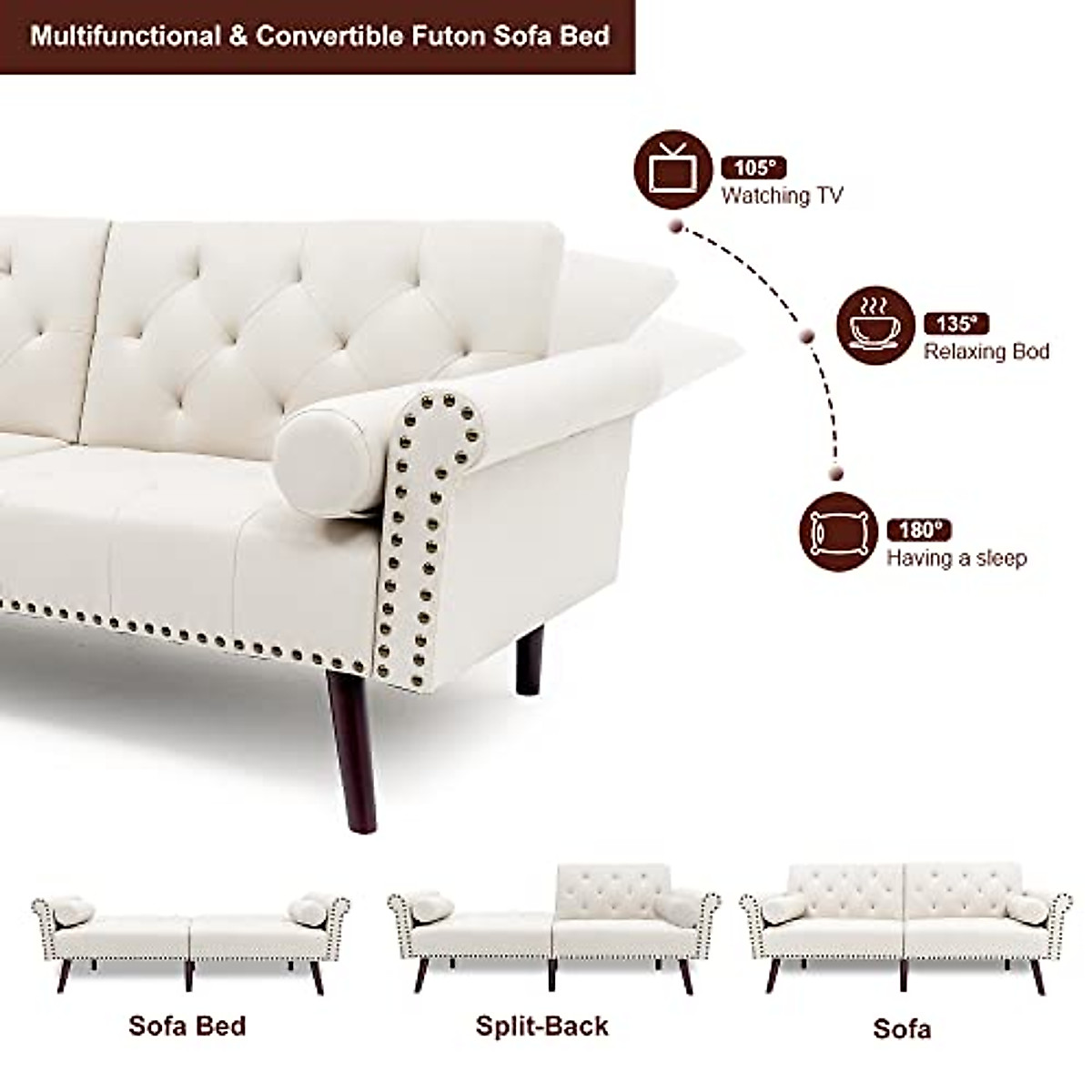 SUN & SUMMER Futon Sofa Bed for Living Room Loveseat Sectional Sofa Convertible Sleeper PU Leather Tufted Couch with 2 Bolster Pillows Beige