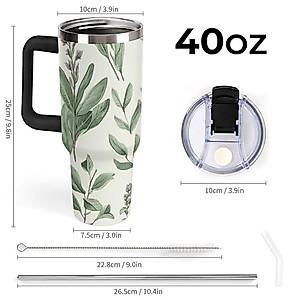 40 Oz Vacuum Tumbler with Black Handle Leakproof Insulated Tumbler Green Flower Herb Sage Leaves Stainless Steel Travel Mug with Lid And Straw Coffee Cup Cute Water Bottles Cup Holder Friendly