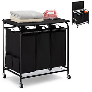 HollyHOME Laundry Basket Sorter with Ironing Board and 4 Wheels,Laundry Hamper with Sturdy Bags for Laundry Room Black