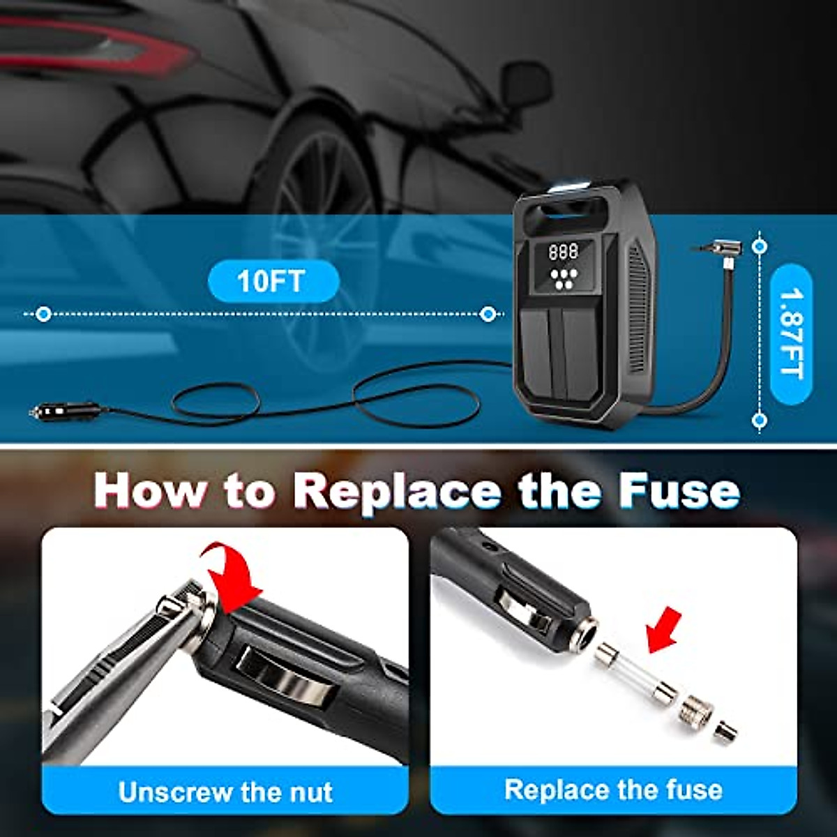 Tire Inflator Portable Air Compressor 12V DC Car Air Pump with Digital Display, LED Light, Auto Shut Off Function, Set of Nozzle Adaptors for Car, Motorcycle, Bicycle, Ball (Black)