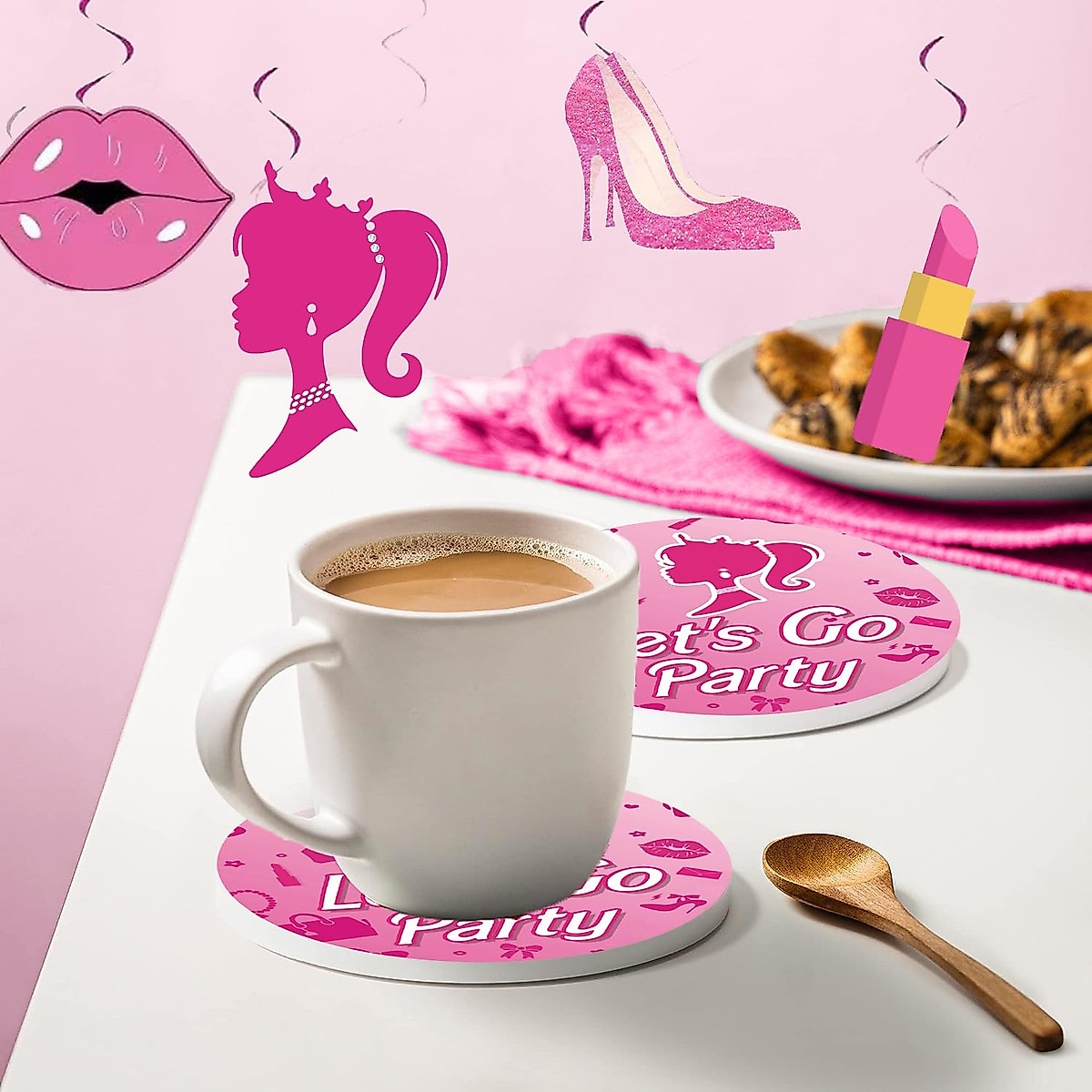 Drink Coasters with Holder, Absorbent Coaster Sets of 6, Let's Go Party Pink Girl Ceramic Coasters for Tabletop Protection,Suitable for All Kinds of Cups, Wooden Table, Cool Home Decor, 4 Inches
