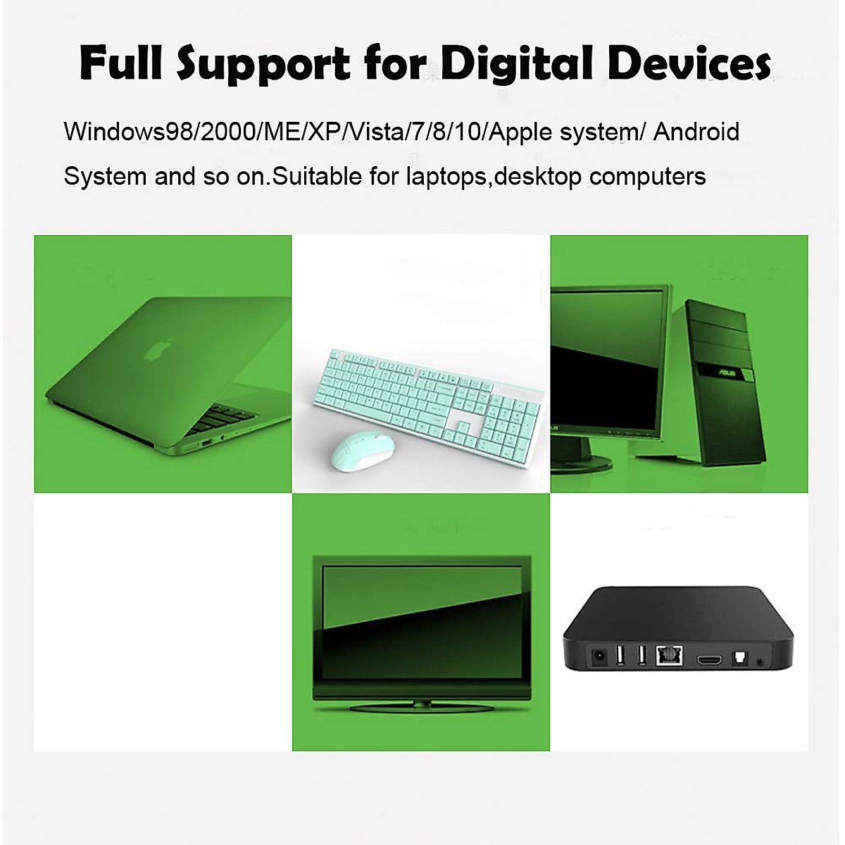 Wireless Keyboard Mouse Combo,2.4G USB Cordless Cute Lightweight Mute Chocolate Keyboard and Optical 800-1200-1600DPI Adjustable Mouse Set Office Game Home Use for Notebook Laptop Computer (Green)