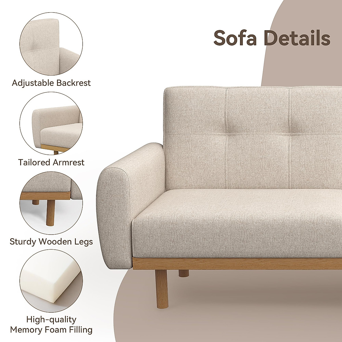 AMICLIBER Convertible Futon Sofa Bed Couch, 79 Inch Mid Century Futon Love Seat Couches,Button Tufted Upholstered Small Splitback Loveseat Sofa Cama for Living Room,RV,Office,Apartment,Beige