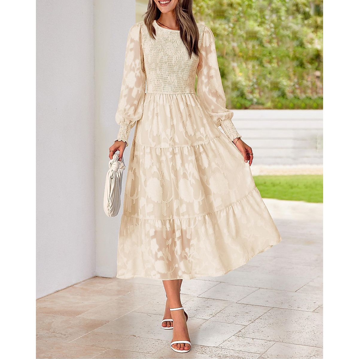 BTFBM Casual Women's 2025 Fall Dresses Elegant Wedding Guest Dress Long Sleeve Floral Midi Dress Flowy Bohemian Long Dress(Apricot,Small)