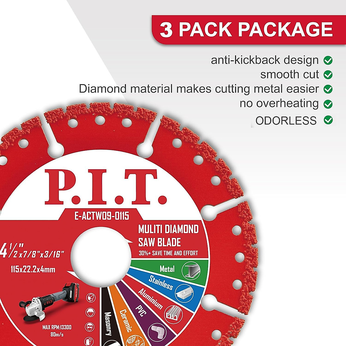 P.I.T. 4 1/2 Inch Diamond Cutting Wheel Metal Cutting Blade for 7/8" Arbor Angle Grinder Cutting Disc with 5000+ Cuts on Metal, Rebar,Sheet Metal,Angle Iron,Stainless Steel,3PCS Cut Off Wheels ﻿