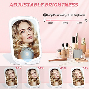 Woltechz Rechargeable Travel Makeup Mirror with Light, 10X Magnifying Mirror, 3 Color Lighting, Dimmable Touch Screen, Portable Ultra Slim Folding Lighted Makeup Mirror