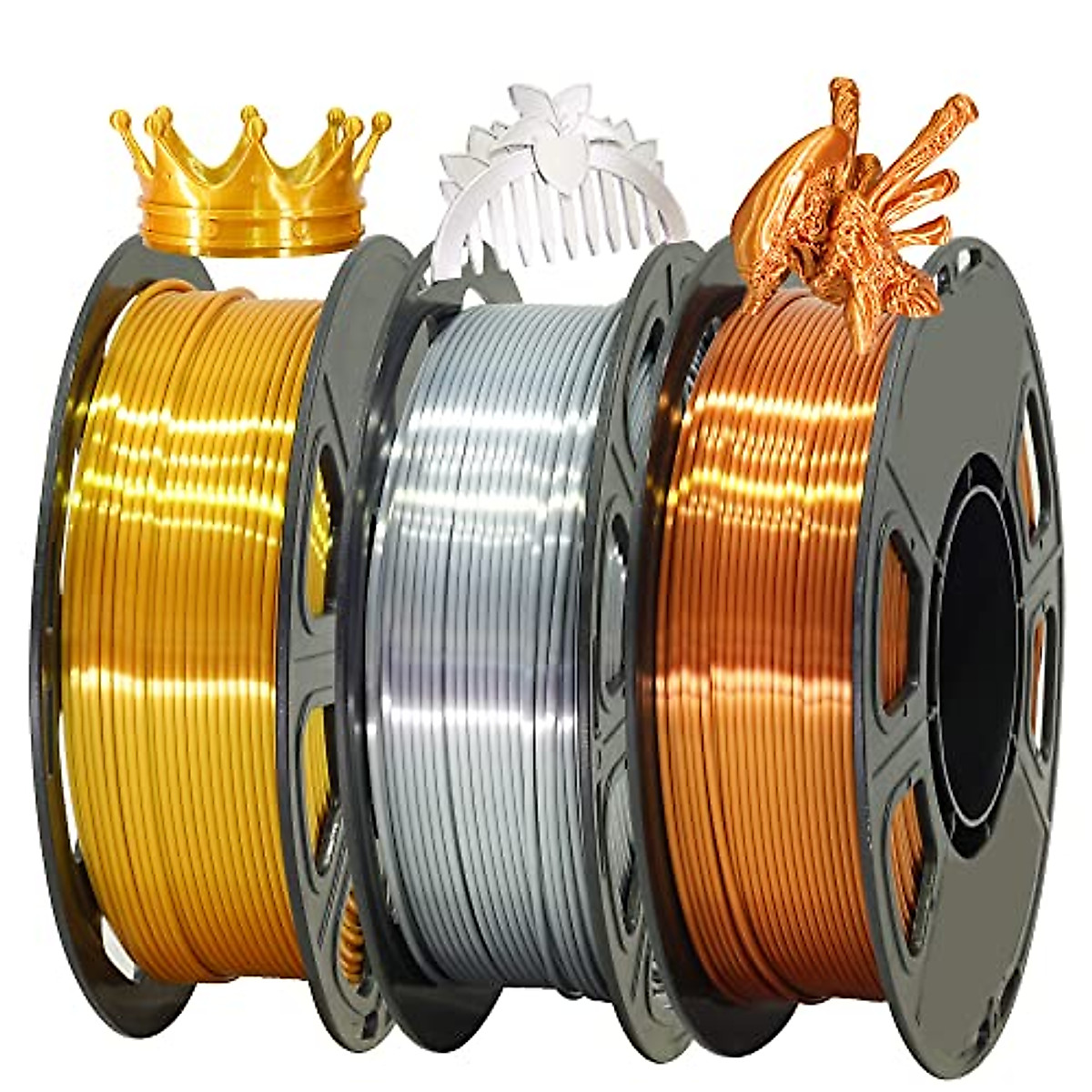 Shiny Silk Gold Silver Copper PLA Filament Bundle, 1.75mm 3D Printer Filament, Each Spool 0.5kg, 3 Spools Pack, with One 3D Printer Remove or Stick Tool MIKA3D