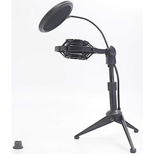 Desktop Microphone Tripod Suspension Stand with Shock Mount Anti-Vibration Mic Holder and 4" Round Mask Shield Double-Net Wind Screen Pop Filter (Large, Black)