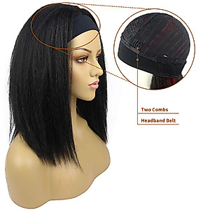 Tgezer Kinky Straight Headband Wigs for Women Synthetic Short Black Yaki Straight Wig with Headbands Attached 16inch Glueless Wig for Daily Party Use