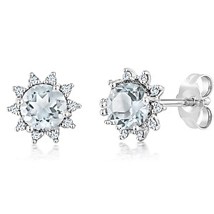 Gem Stone King 18K White Gold Gemstone Birthstone and White Diamond Earrings | Halo Stud Earrings for Women | White Gold Earrings for Women