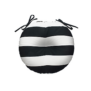 Magpie Fabrics Outdoor Round Bistro Seat Cushions with Ties, Fluffy Tufted Patio Chair Pads 15"x15"x4" Set of 2 Waterproof Floor Pillow for Home Garden Balcony Kitchen Office Porch, Black White Stripe