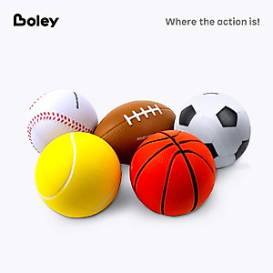 Boley Sports Ball Set - 5 Pack Mini Soccer Ball, Football, Basketball, Baseball, and Tennis Ball - Soft, Safe, Durable, and Kid-Friendly Playground Balls for Indoor and Outdoor Play - Ages 3 and Up