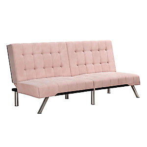 DHP Emily 71 Inch Futon Sofa Bed Fabric, Armless Upholstered Couch Sleeper with Tufted Back and Seat, Mid-Century Modern, Pink Velvet