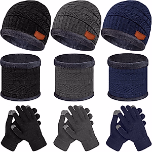 JaGely 9 Pcs Kids Knit Winter Hat Glove Scarf Set Toddler Beanie Cap Warm Neck Warmer Scarf Touchscreen Glove for 5-14 Years(Black, Navy, Gray)