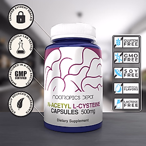 Nootropics Depot N-Acetyl L-Cysteine Capsules | 500mg | NAC | 180 Count | Supports Healthy Liver Function | Cellular Health | Glutathione Levels | Healthy Oxidation Levels