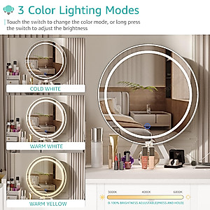 Lufeiya White Makeup Vanity Desk with Mirror and Lights, 40 inch Make Up Vanity Desks with Fabric Drawers & Power Outlet, Dressing Table and Chair Set for Girls Bedroom, White