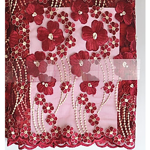 SanVera17 Manual Beading Glitter Stone African Lace Net Fabrics Nigerian Fabric Embroidered and Guipure Cord Lace for Party Wedding (Dark Red) 5 Yards