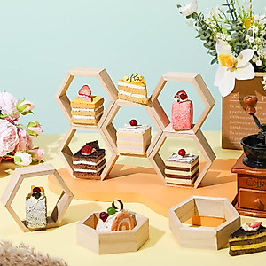Kigley 8 Pcs Mini Honeycomb Cupcake Stand Wooden Hexagon Cake Display Holder Farmhouse Hexagonal Floating Table Sign for Baby Shower Birthday Party(Burly Wood)