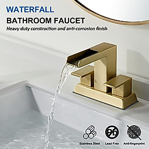 TONNY Gold Bathroom Faucet, Waterfall Bathroom Sink Faucet, 4-Inch Centerset Bathroom Faucets for Sink 3 Hole with Pop Up Drain and Water Supply Line, Brushed Gold