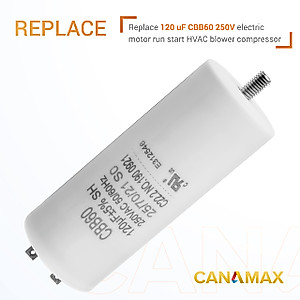 Canamax 120 uf MFD 250 VAC Volts CBB60 Round Motor Run Capacitor 50/60 Hz AC Electric - Exact Fit for OEM Single Phase Motor Capacitors Condenser Straight Cool or Heat Pump Air Conditioner